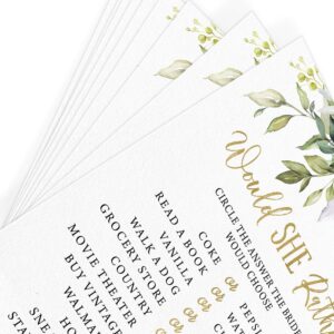 Printed Party Bridal Shower Games – Would She Rather Game with Fun Bride-to-Be Trivia, Wedding Shower Activity, Botanical Eucalyptus Theme, 50 Guests