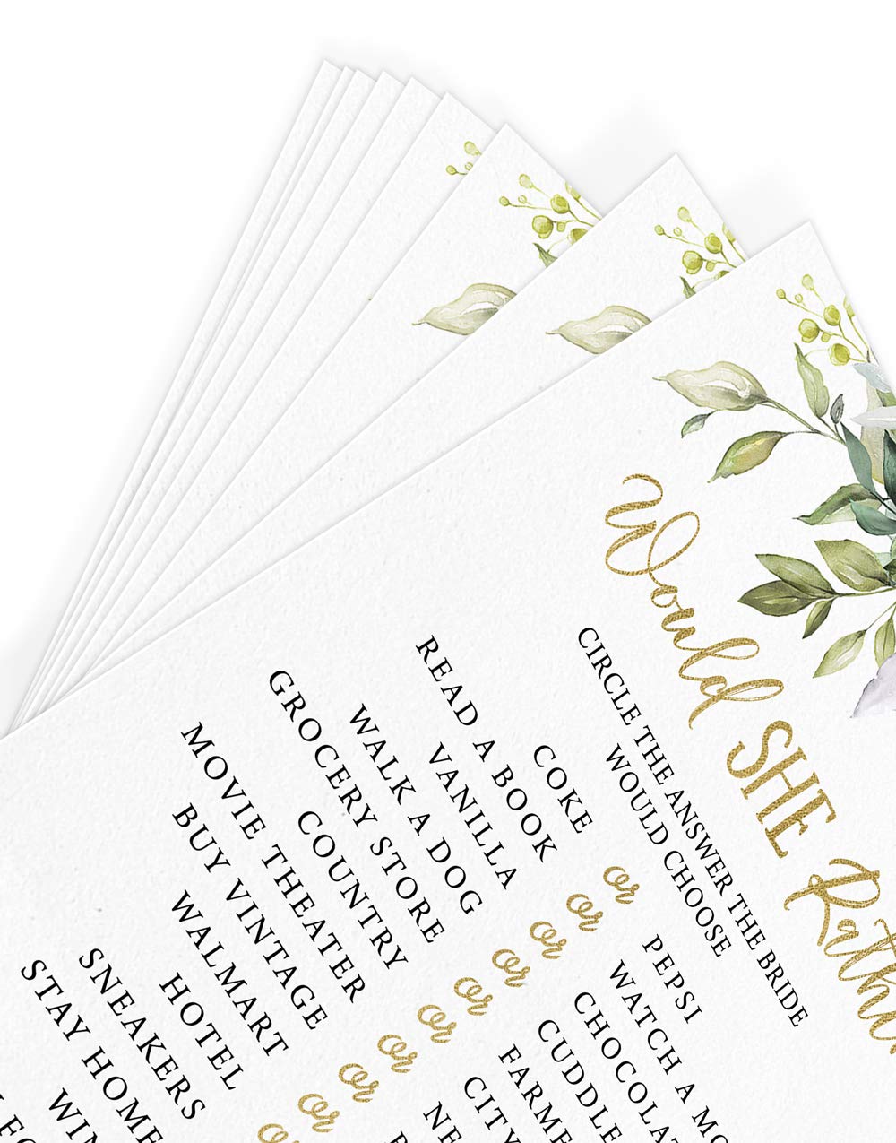 Printed Party Bridal Shower Games – Would She Rather Game with Fun Bride-to-Be Trivia, Wedding Shower Activity, Botanical Eucalyptus Theme, 50 Guests