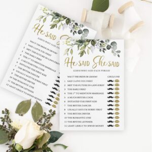 Printed Party Bridal Shower Games – He Said She Said Game with Fun Bride and Groom Trivia, Wedding Shower Activity, Botanical Eucalyptus Theme, 50 Guests