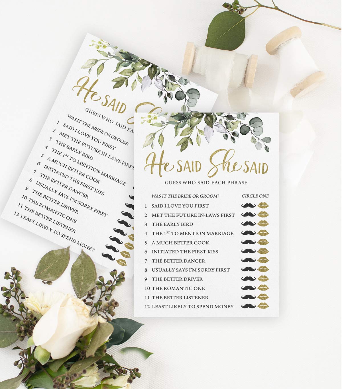 Printed Party Bridal Shower Games – He Said She Said Game with Fun Bride and Groom Trivia, Wedding Shower Activity, Botanical Eucalyptus Theme, 50 Guests