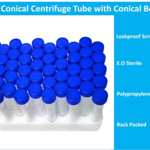 15 ml Conical Centrifuge Tube with Conical Bottom, Leakproof Screw Caps, Sterile, Polypropylene (PP), Rack Packed (Pack of 50)