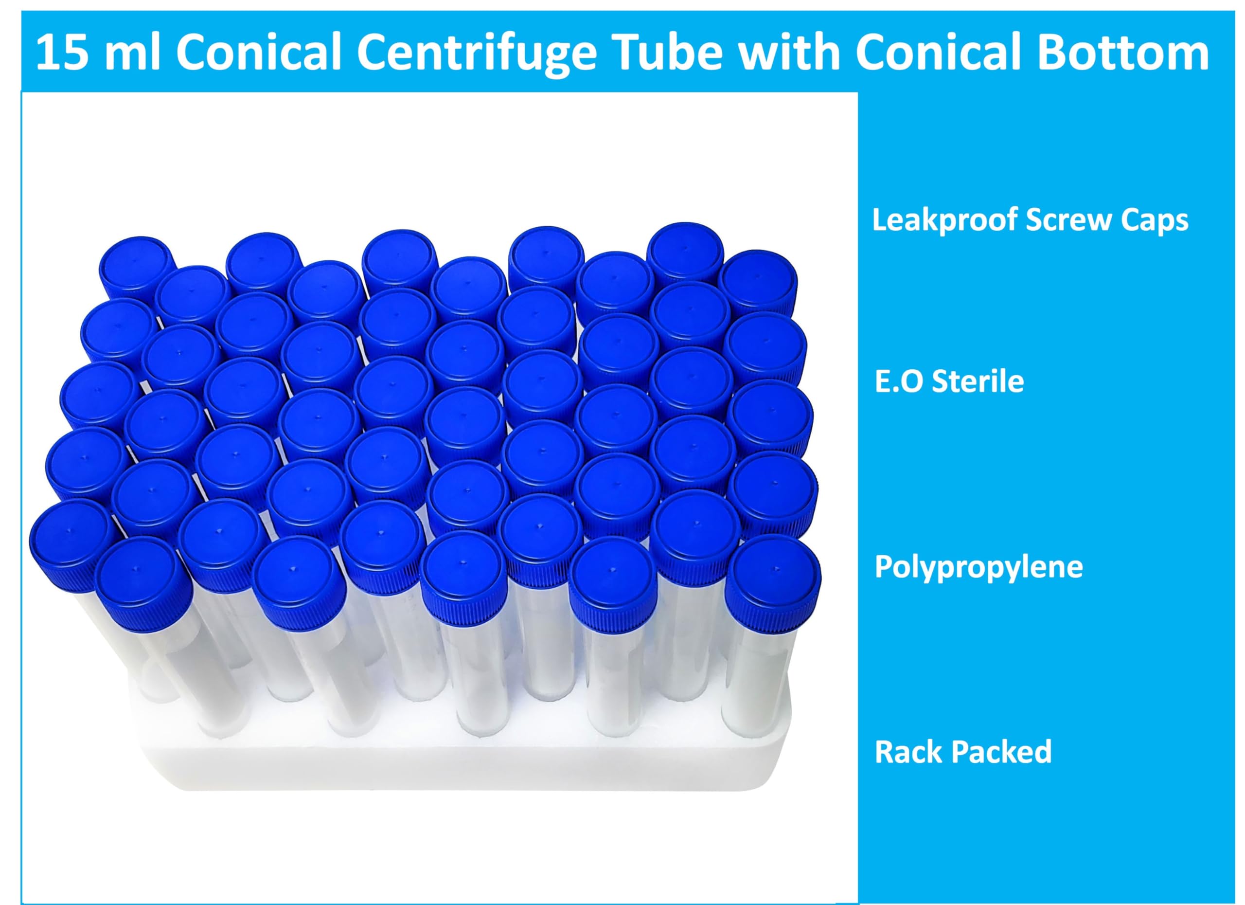 15 ml Conical Centrifuge Tube with Conical Bottom, Leakproof Screw Caps, Sterile, Polypropylene (PP), Rack Packed (Pack of 50)