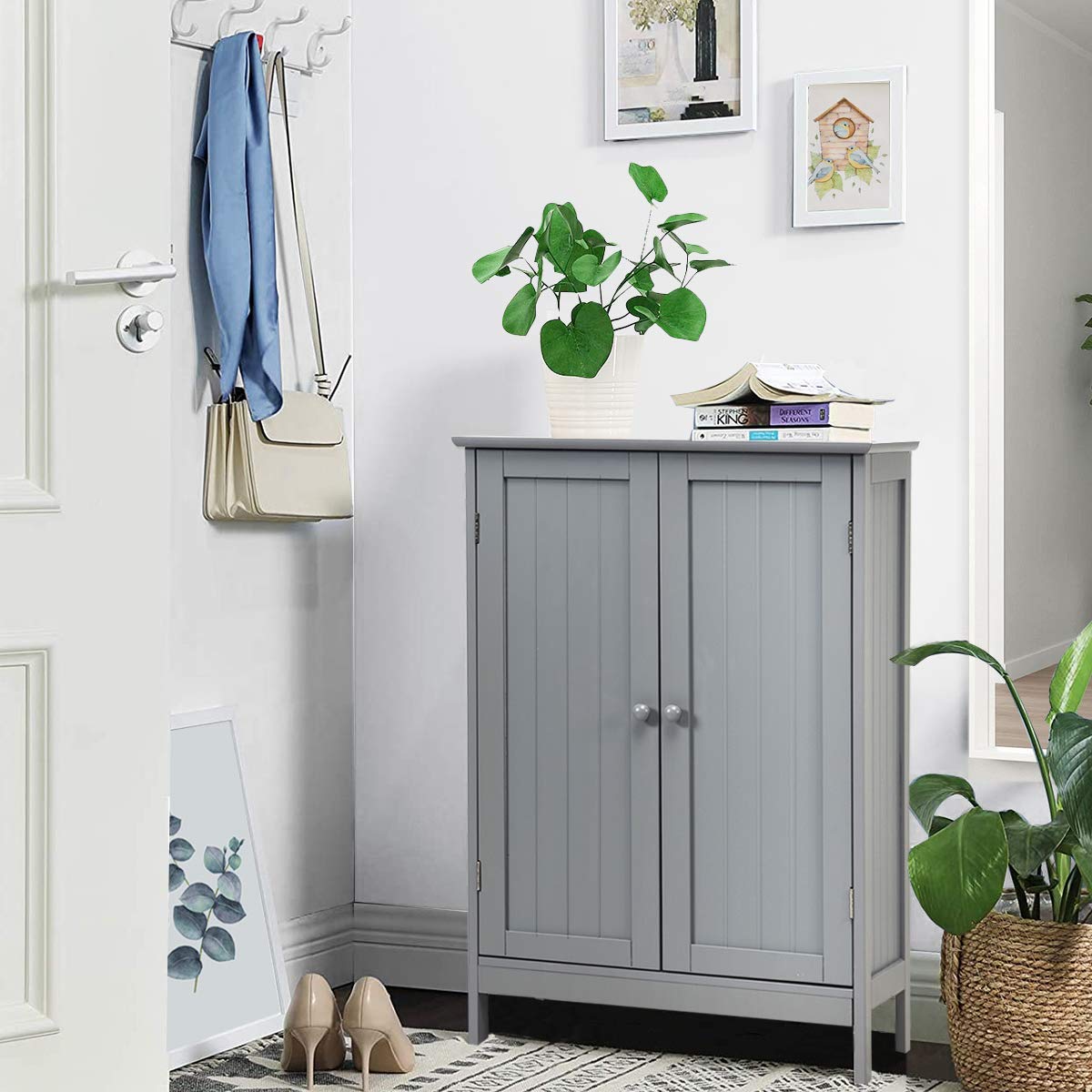 Tangkula Bathroom Floor Cabinet, Freestanding Storage Cabinet with Double Doors and Shelf, Modern Home Furniture, Wooden Home Organizer for Living Room, Bathroom Storage Cabinet, Grey