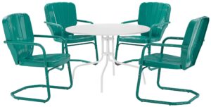 crosley furniture ridgeland 5-piece outdoor dining set for 4, retro metal round patio table and chairs, turquoise gloss