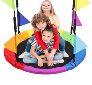 langxun 40 inch rainbow saucer tree swing for kids and adults, with carabiners and flags, 700 lb weight capacity, steel frame, waterproof, outdoor swing sets for backyard