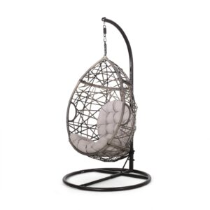 christopher knight home tammy outdoor wicker tear drop hanging chair, gray and black