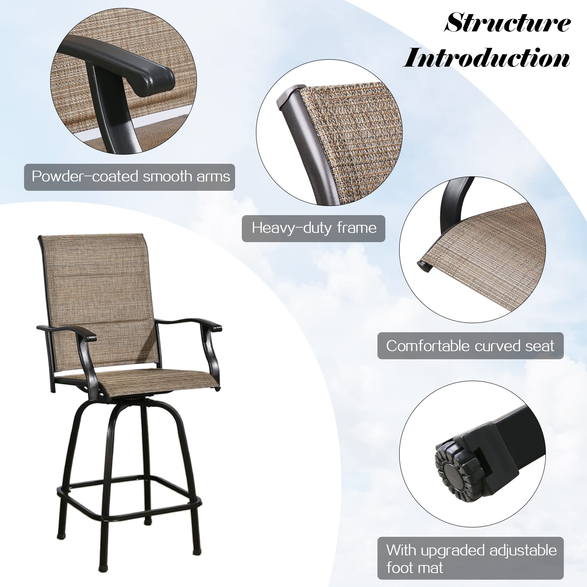 Iwicker Outdoor Swivel Bar Stools, Patio Textilene Bar Height Chairs with Quick-Dry Foam Padded, Set of 2