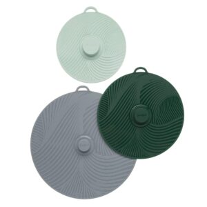 goodful universal silicone lids for pots and pans, heat safe, reusable suction seal covers for bowls, pots, cups- food grade, dishwasher safe, 3 piece, gray, green and sage