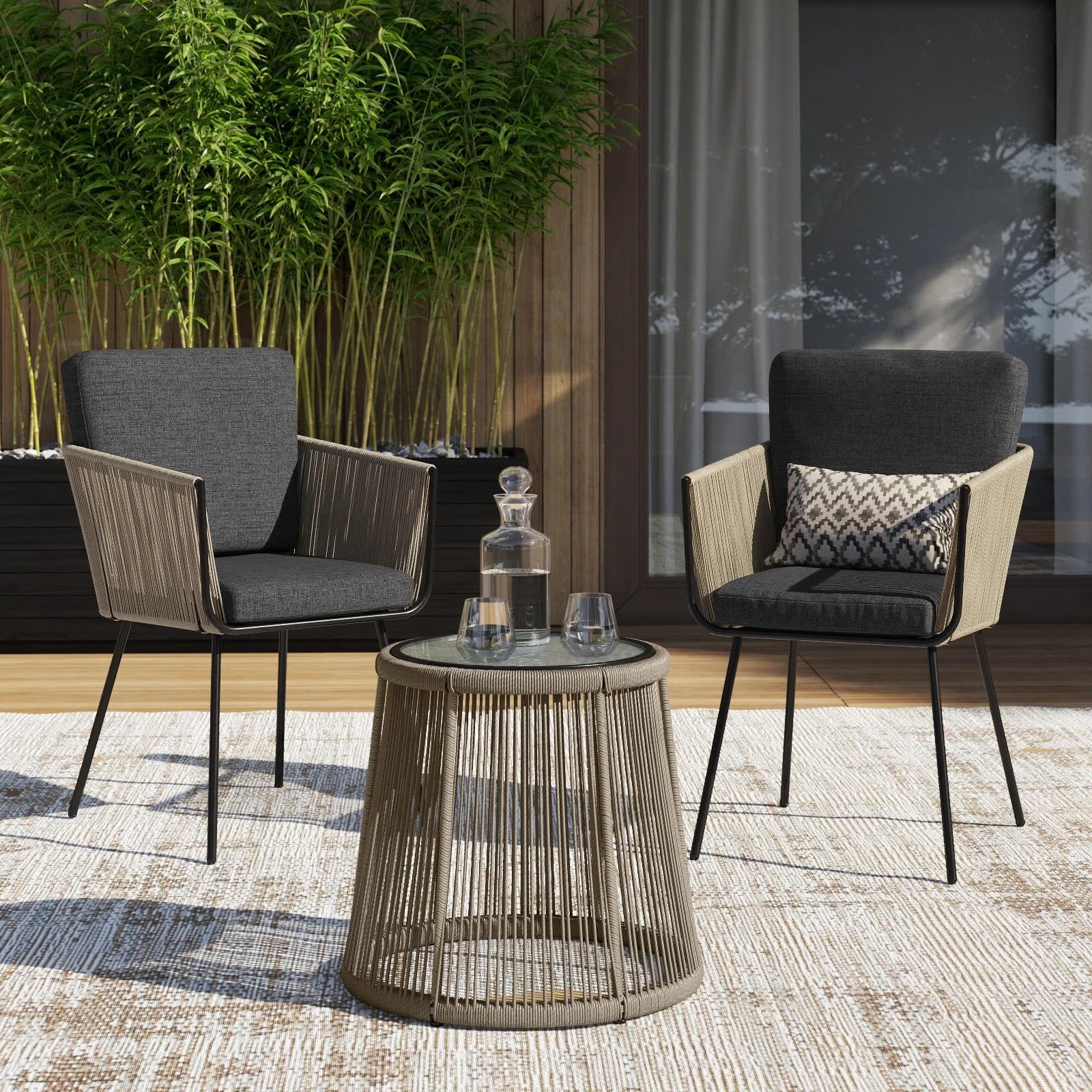 Barton 3 Pieces Wicker Chair Set w/Glass Table Gray Outdoor Patio Furniture Wicker Rattan Modern Conversation Chat Seating