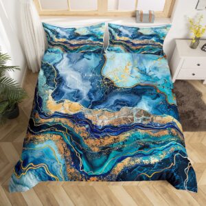 marble duvet cover, 3d print grunge fluid golden little bit stone crack gothic impressionist abstract art bedding set, decorative 3 piece comforter cover with 2 pillow shams, full size,teal blue