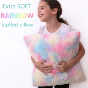 PERFECTTO Set of 2 Decorative Throw Pillows for Girls. White Fluffy Heart and Soft Rainbow Pillow. Plush Pillows for Kid’s Bedroom Décor Toddlers Princess Room, Fun Pillows for Teepee Tent