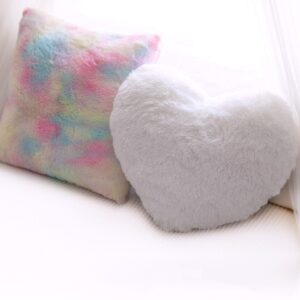 PERFECTTO Set of 2 Decorative Throw Pillows for Girls. White Fluffy Heart and Soft Rainbow Pillow. Plush Pillows for Kid’s Bedroom Décor Toddlers Princess Room, Fun Pillows for Teepee Tent