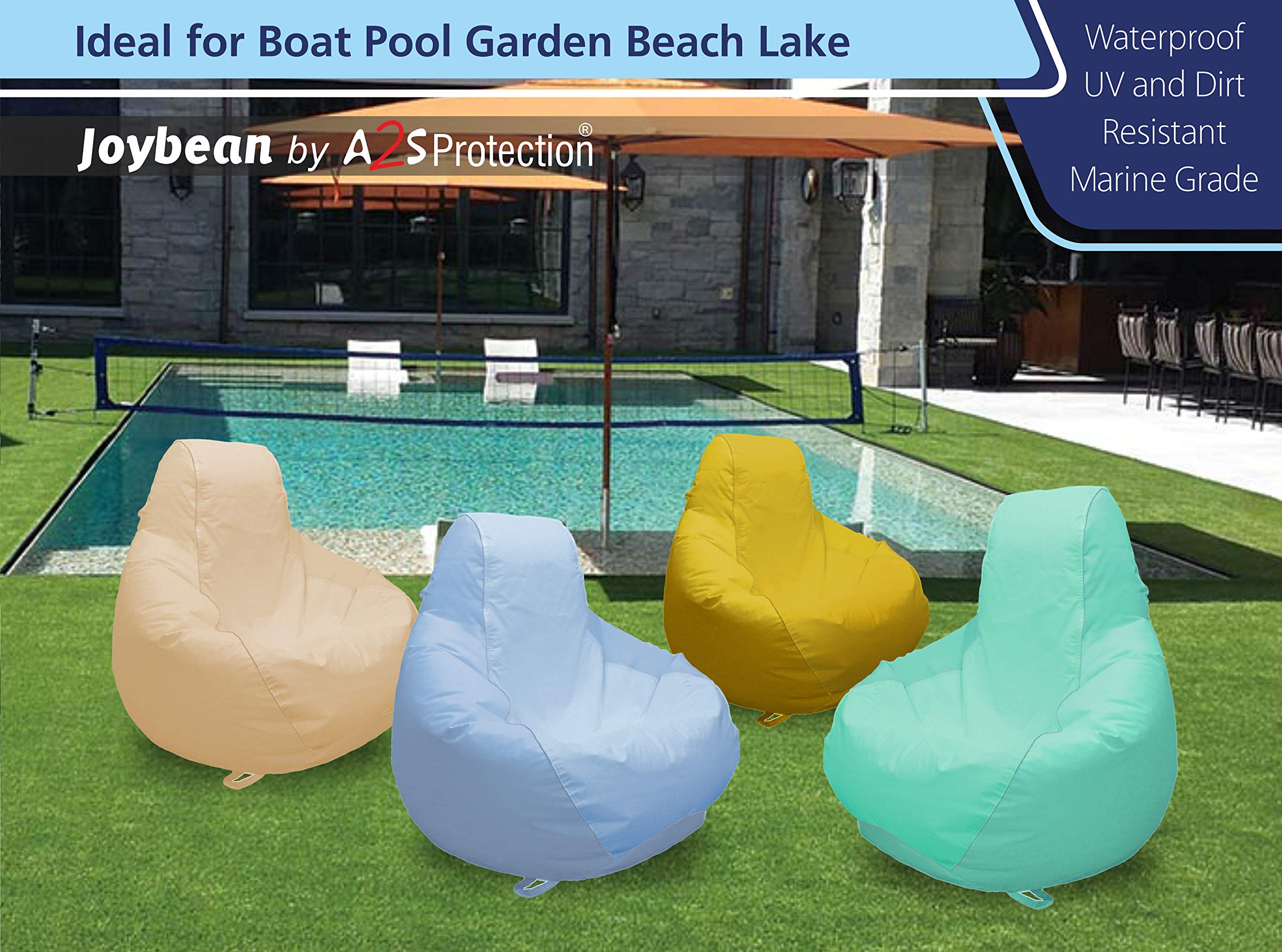 JoyBean Outdoor Bean Bag Chair - Water Resistant Marine Vinyl Ideal for Yacht Boat Pool Patio Garden Marine - Lawn Chair - Patio Furniture - for Adults Teens Kids (Large, White/Carolina Blue)