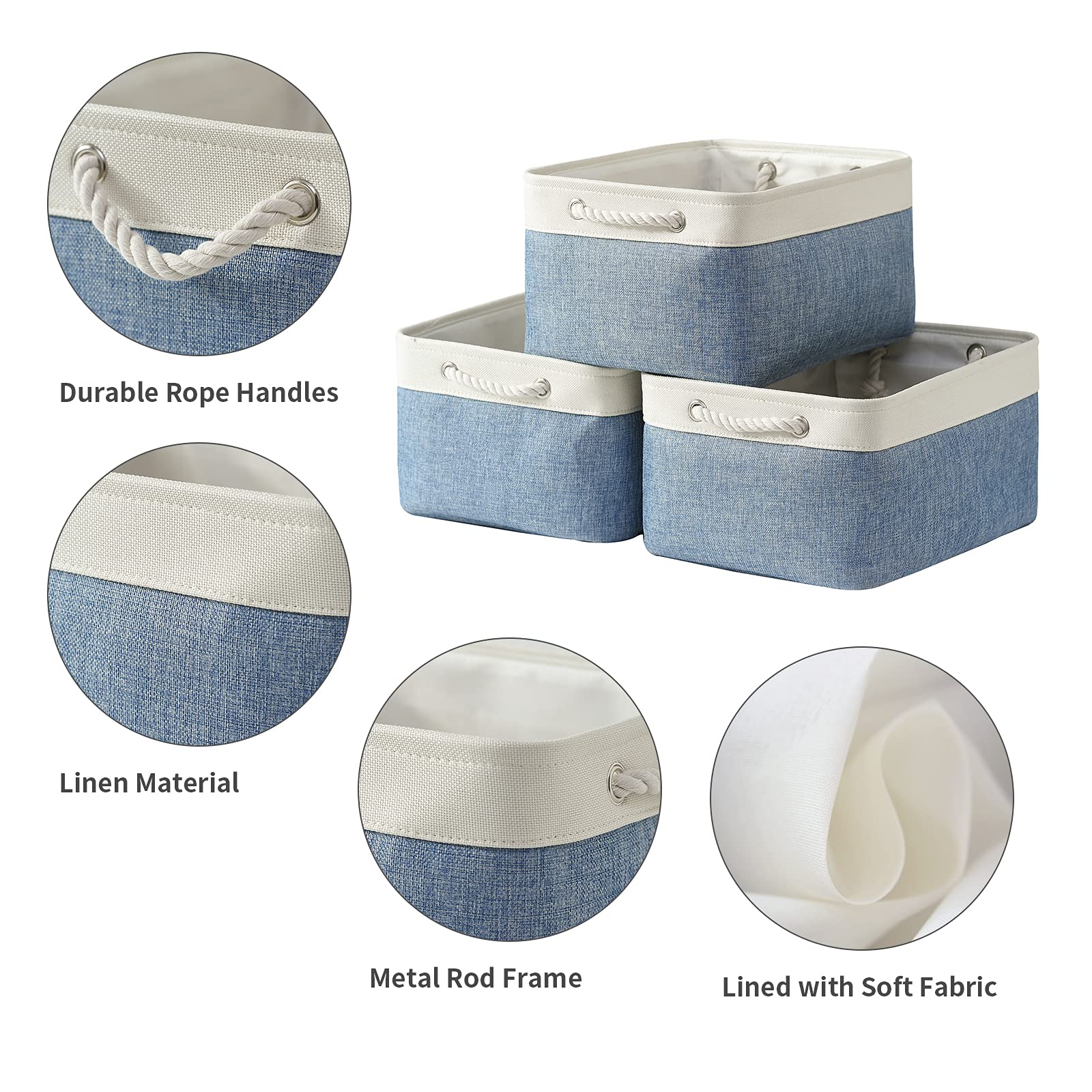 pulnimus Large Foldable Storage Baskets Collapsible Sturdy[3-Pack] Fabric Storage Baskets with Handles for Organizing Shelf Nursery Home Closet & Office 15.7”Lx11.8”Wx8.3”H,White Blue