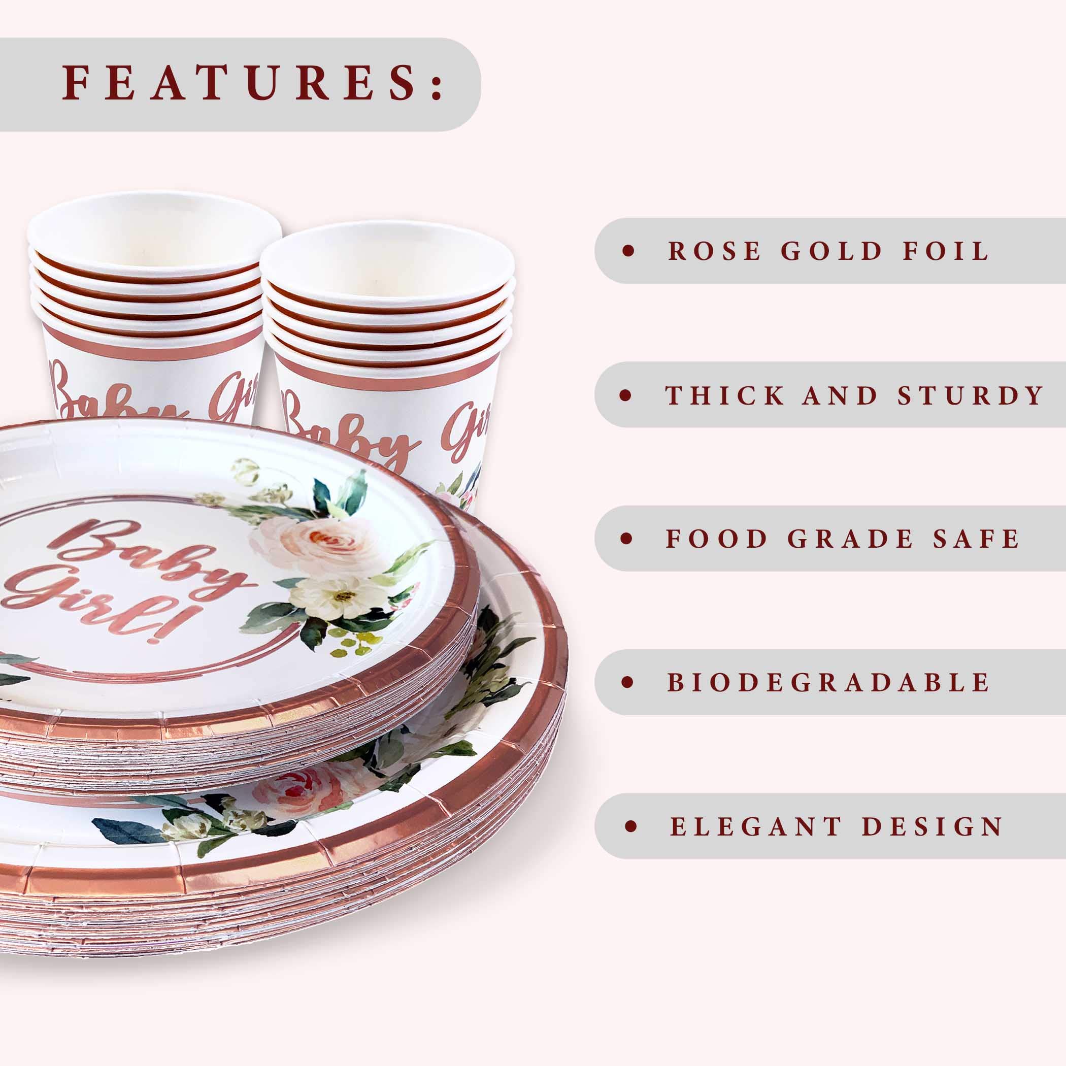 Baby Shower Tableware Plates and Napkins, Baby Girl Decorations | 25 Servings With Rose Gold Foil, Pink Floral Paper Dessert Disposable Cups | Tea Party Supplies