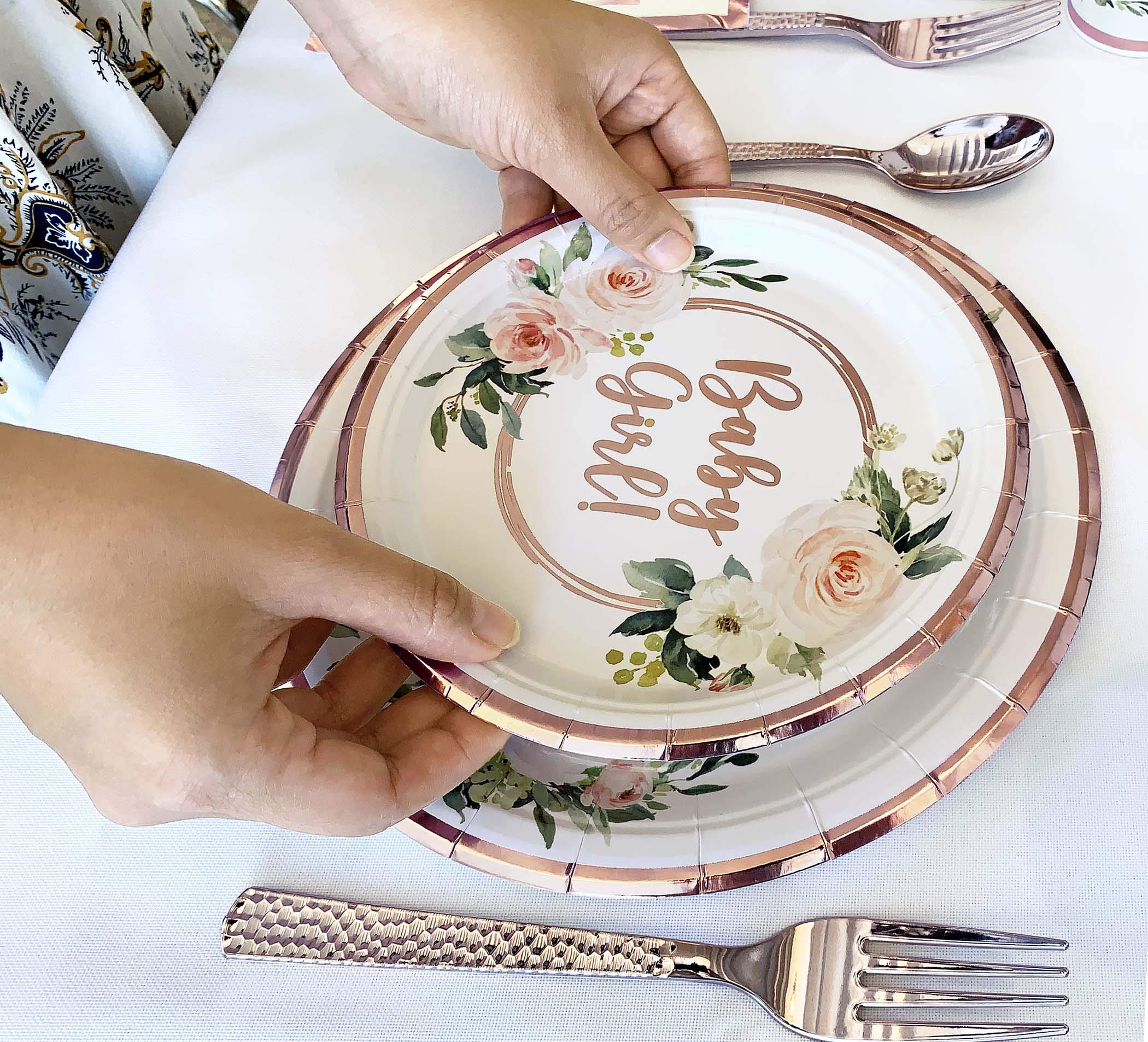 Baby Shower Tableware Plates and Napkins, Baby Girl Decorations | 25 Servings With Rose Gold Foil, Pink Floral Paper Dessert Disposable Cups | Tea Party Supplies