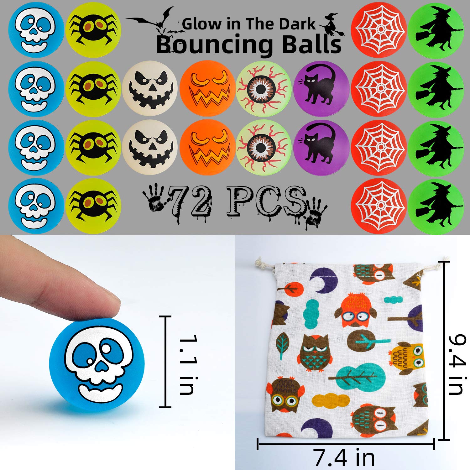 72 Glow in The Dark Bouncing Balls,8 Halloween Theme Designs for Halloween Party Favor Supplies, School Classroom Game Rewards, Trick or Treating Goodie, Halloween Miniatures/Prizes(with pouch bag)