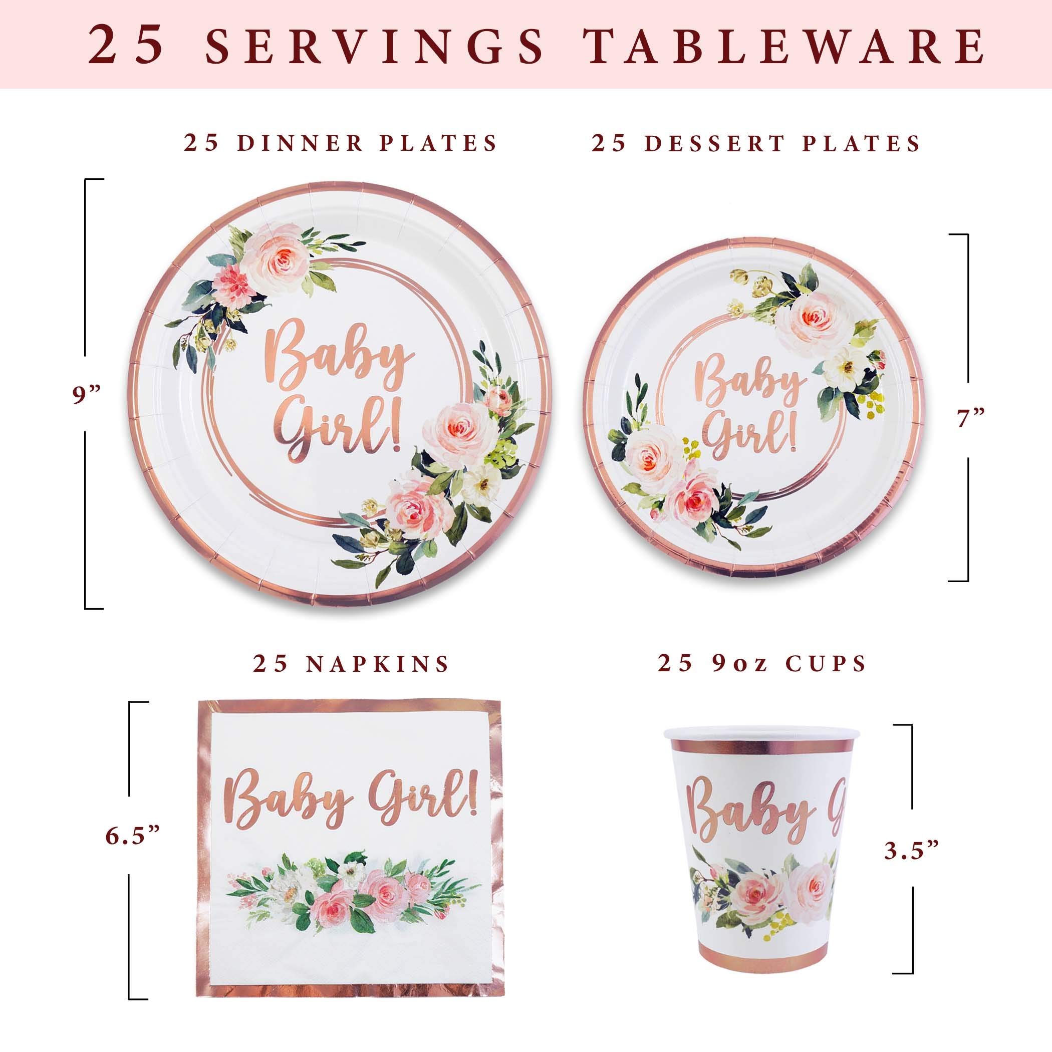 Baby Shower Tableware Plates and Napkins, Baby Girl Decorations | 25 Servings With Rose Gold Foil, Pink Floral Paper Dessert Disposable Cups | Tea Party Supplies