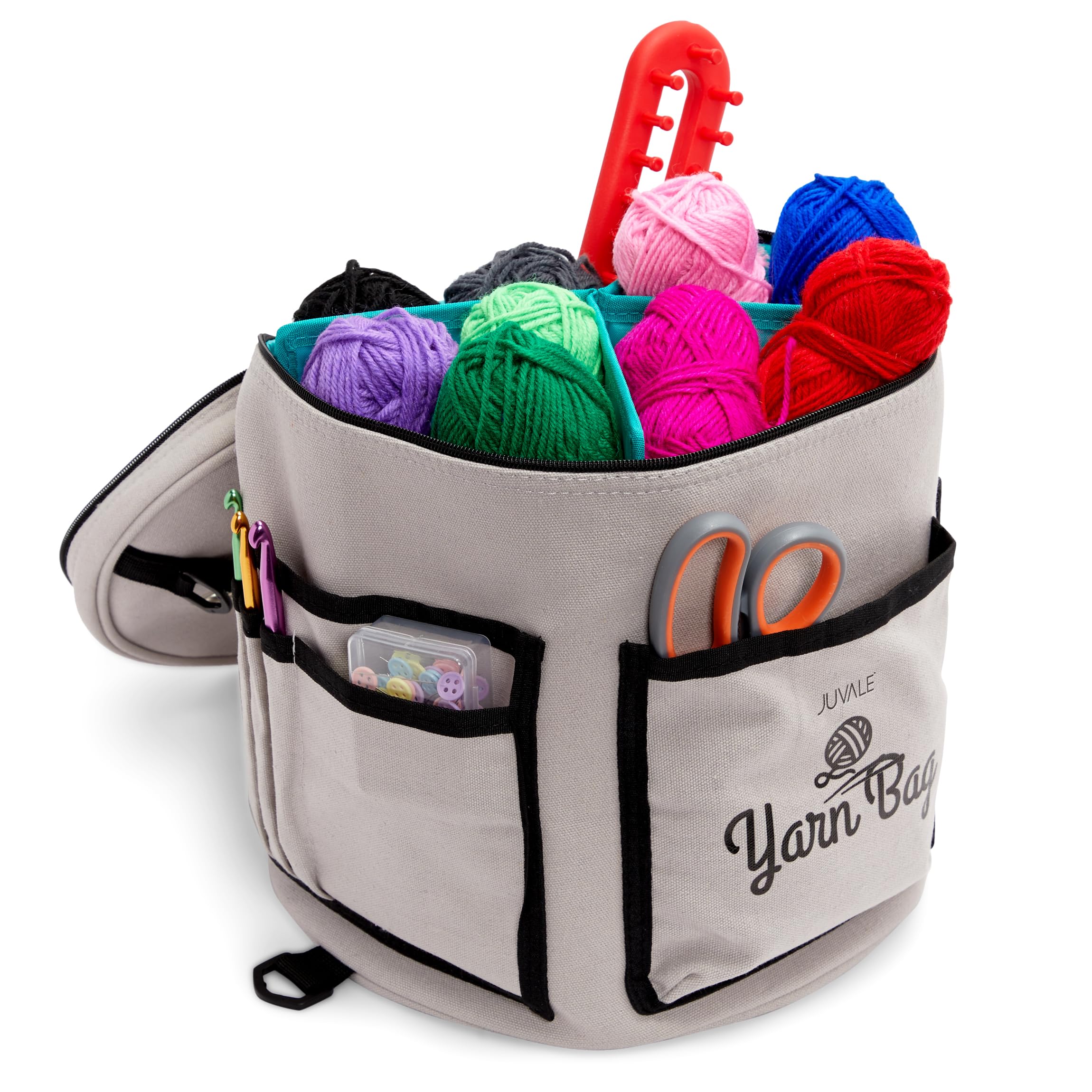 Grey Yarn Bag with Dividers for Portable Knitting Kit, Crochet Bag for Accessories and Supplies Storage (11.8 x 9.8 in)