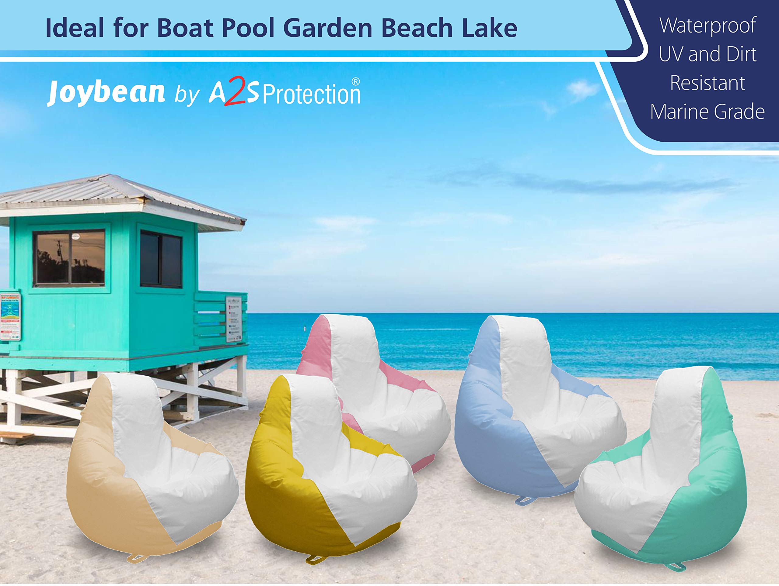 JoyBean Outdoor Bean Bag Chair - Water Resistant Marine Vinyl Ideal for Yacht Boat Pool Patio Garden Marine - Lawn Chair - Patio Furniture - for Adults Teens Kids (Large, White/Carolina Blue)