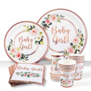 baby shower tableware plates and napkins, baby girl decorations | 25 servings with rose gold foil, pink floral paper dessert disposable cups | tea party supplies