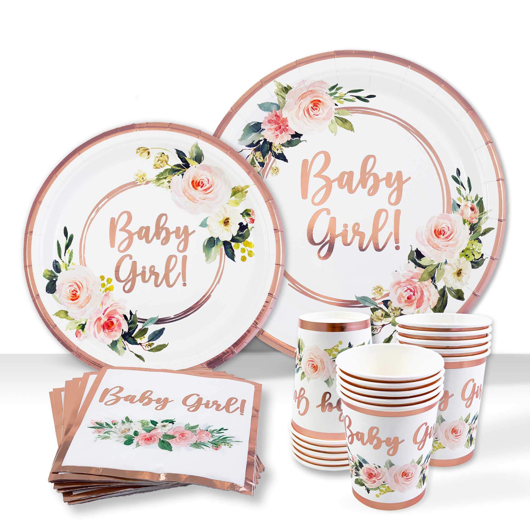 Baby Shower Tableware Plates and Napkins, Baby Girl Decorations | 25 Servings With Rose Gold Foil, Pink Floral Paper Dessert Disposable Cups | Tea Party Supplies