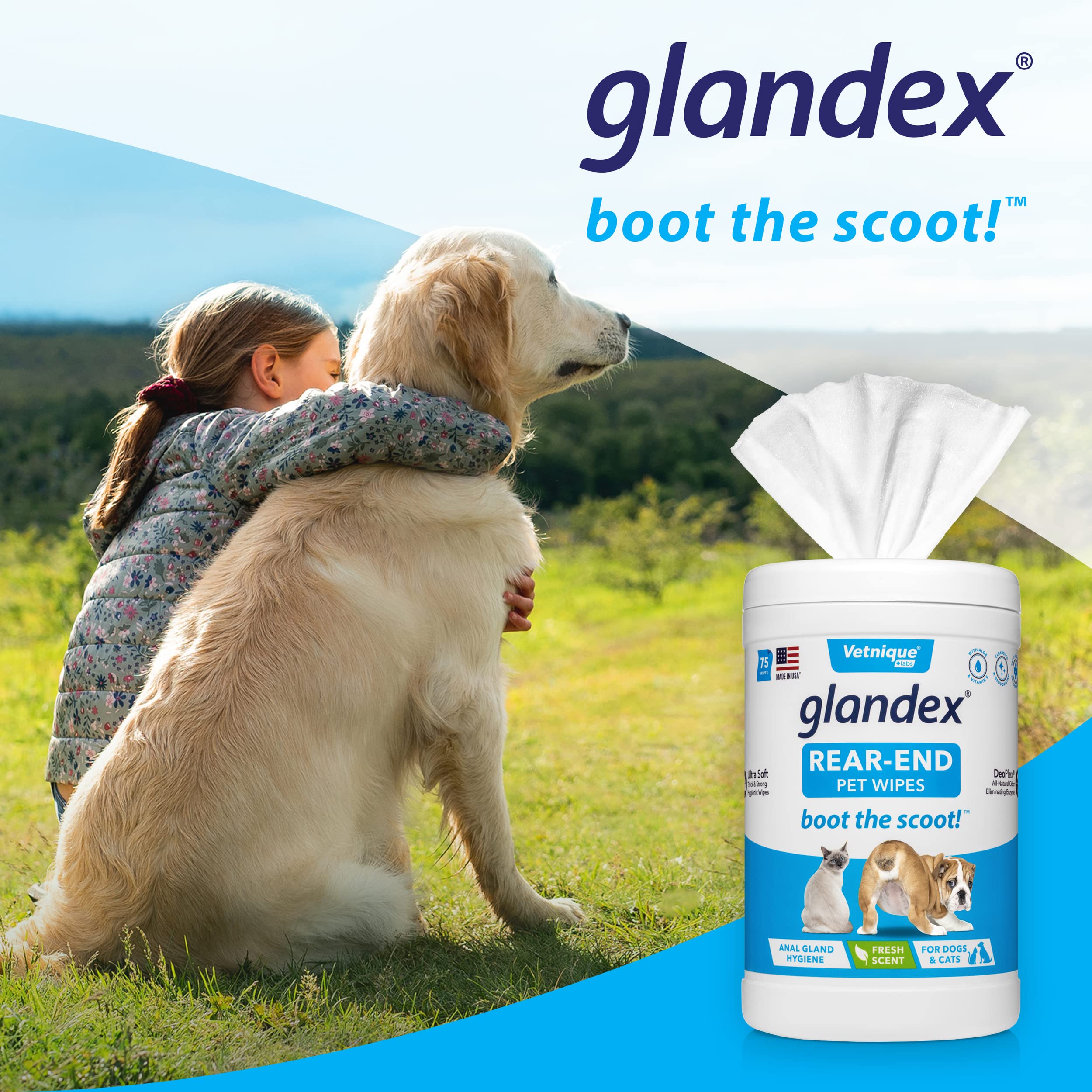 Vetnique Glandex for Dogs & Cats Anal Gland Powder Supplement 2.5oz Beef Liver & Glandex Wipes for Dogs Hygienic Anal Gland Wipes 75ct