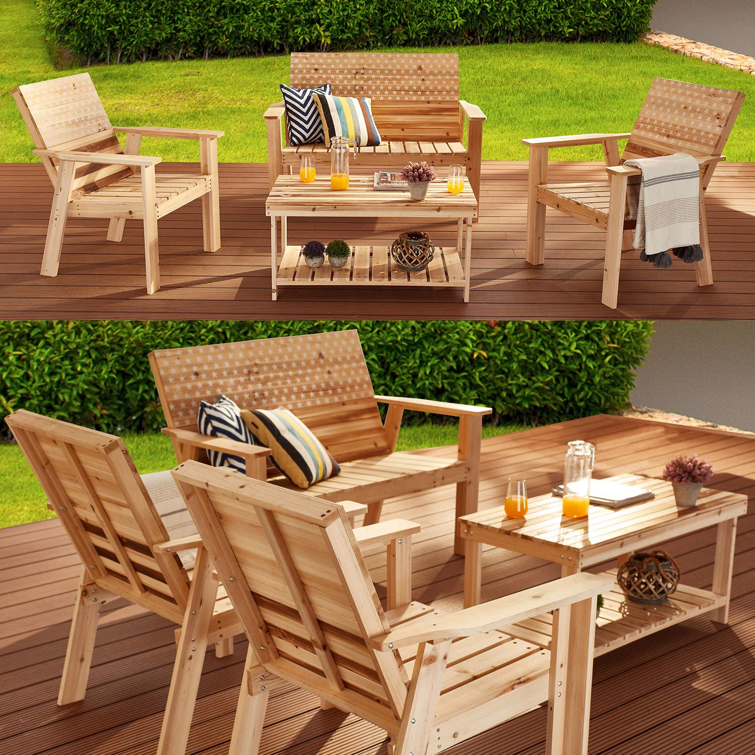 PatioFestival Patio Conversation Sets 4Pcs Wooden Grain Outdoor Furniture Sets with Star Pattern Back Wide Armrest, Chairs & Coffee Table