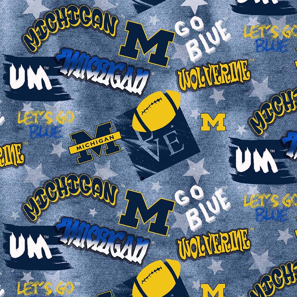 University of Michigan U of M Wolverines Cotton Fabric with Graffiti Print-Sold by The Full Yard