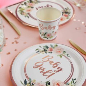 Baby Shower Tableware Plates and Napkins, Baby Girl Decorations | 25 Servings With Rose Gold Foil, Pink Floral Paper Dessert Disposable Cups | Tea Party Supplies