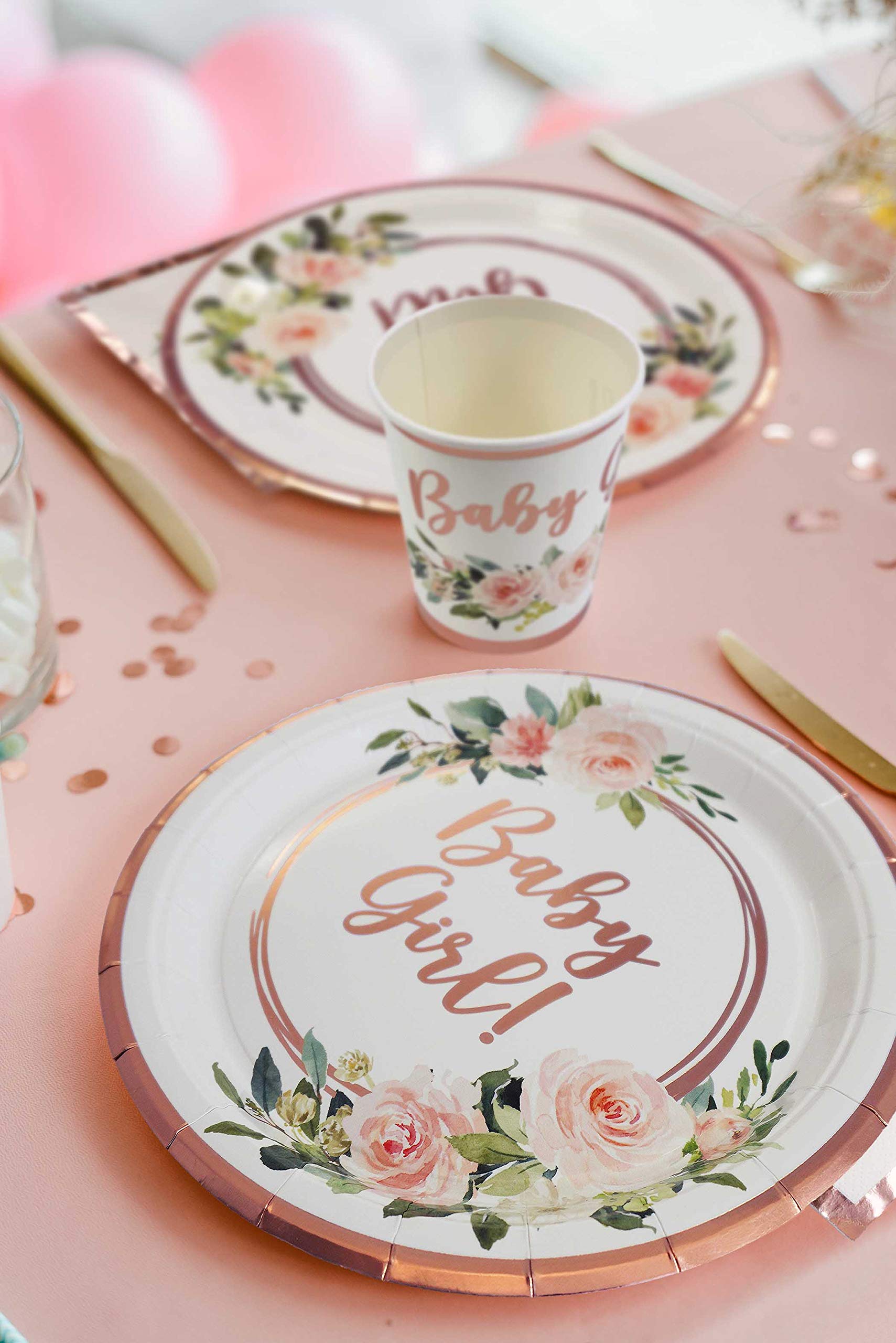 Baby Shower Tableware Plates and Napkins, Baby Girl Decorations | 25 Servings With Rose Gold Foil, Pink Floral Paper Dessert Disposable Cups | Tea Party Supplies