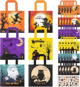 halloween treats bags party favors - 30 pack non-woven halloween tote gift bags for kids trick or treat bags with 54 pcs tattoos, reusable candy bags goodie bag for halloween party supplies(6 pattern)