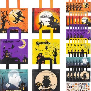 Halloween Treats Bags Party Favors - 30 pack Non-Woven Halloween Tote Gift Bags for Kids Trick or Treat Bags with 54 pcs Tattoos, Reusable Candy Bags Goodie Bag for Halloween Party Supplies(6 Pattern)