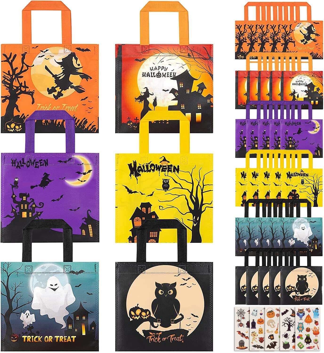 Halloween Treats Bags Party Favors - 30 pack Non-Woven Halloween Tote Gift Bags for Kids Trick or Treat Bags with 54 pcs Tattoos, Reusable Candy Bags Goodie Bag for Halloween Party Supplies(6 Pattern)