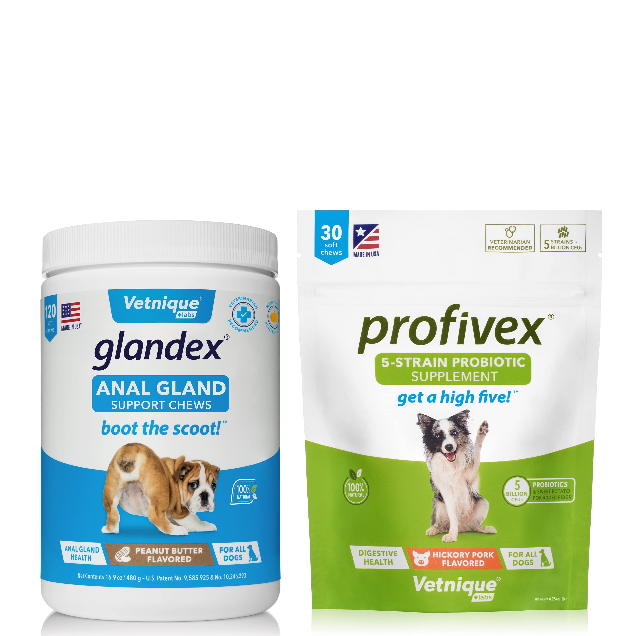 Vetnique Profivex 5-Strain Probiotic for Dogs Soft Chews (30ct) & Glandex for Dogs Anal Gland Fiber Support Peanut Butter Soft Chews (120ct) Bundle