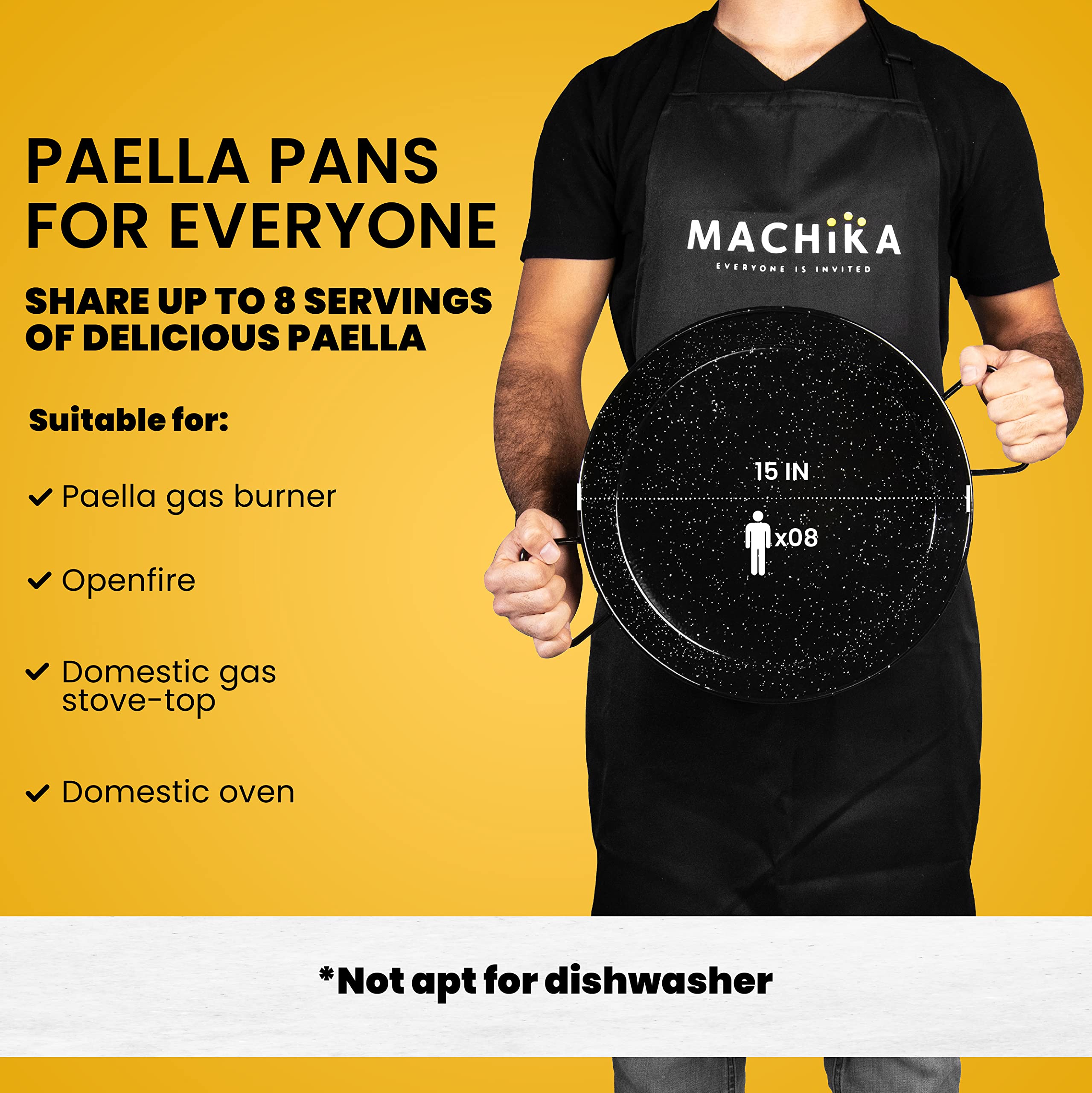 Machika Enamel Paella Pan | Paella Pan | Skillet for Paella and Rice Recipes | Perfect for Indoor & Outdoors | Easy Cleaning | Rust Proof Coating | 8 Servings | 15 inches |