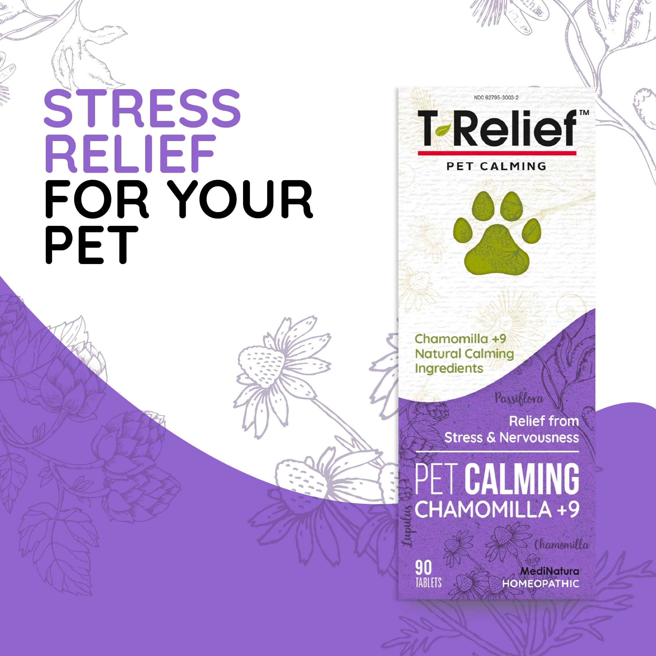 T-Relief Pet Calming for Dog & Cat Natural Comfort Remedy for Nervousness & Stress with Chamomile + 9 Soothing Actives Relaxing Herbal Relief - 90 Tablets