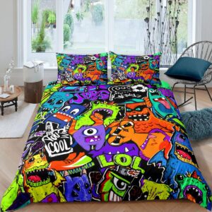 feelyou monster comforter cover set hippie graffiti pattern duvet cover for kids boys teens colorful cartoon bedding set street culture theme bedspread cover bedroom decor 2pcs bedclothes twin size