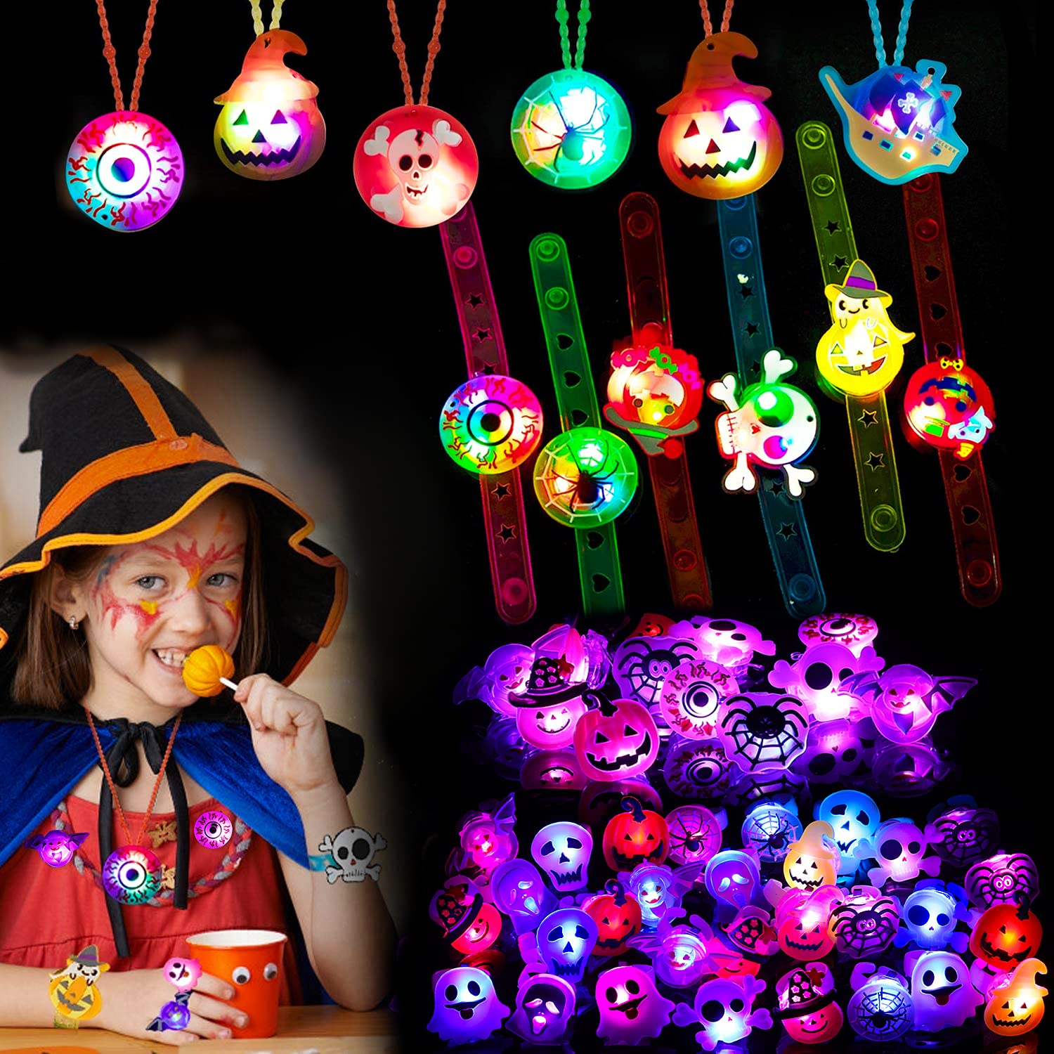 Halloween Party Favors for Kids, Light Up Necklace Rings Watch Party Supplies Set for Halloween Holiday