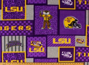 fleece louisiana state university tigers football purple squares college team sports fleece fabric print by the yard (lsu-1177)