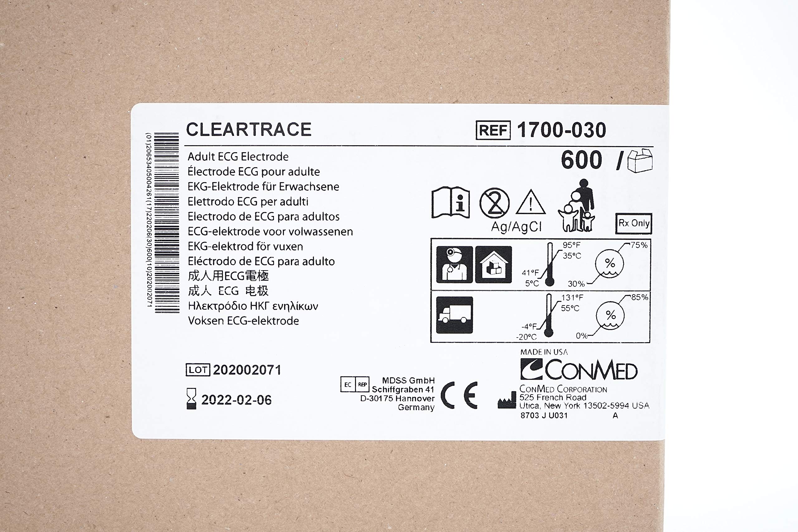 ConMed 1700-030 Cleartrace Adult ECG Electrodes, General Purpose Tape, 20" x 30" Size, Pack of 600