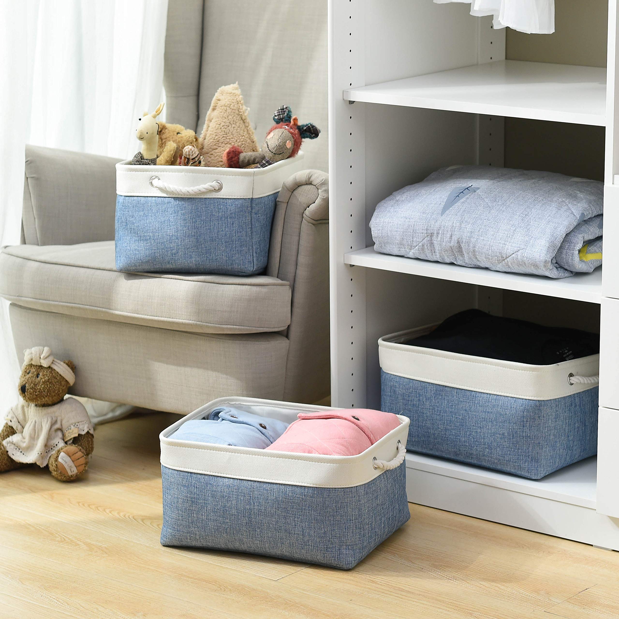 pulnimus Large Foldable Storage Baskets Collapsible Sturdy[3-Pack] Fabric Storage Baskets with Handles for Organizing Shelf Nursery Home Closet & Office 15.7”Lx11.8”Wx8.3”H,White Blue