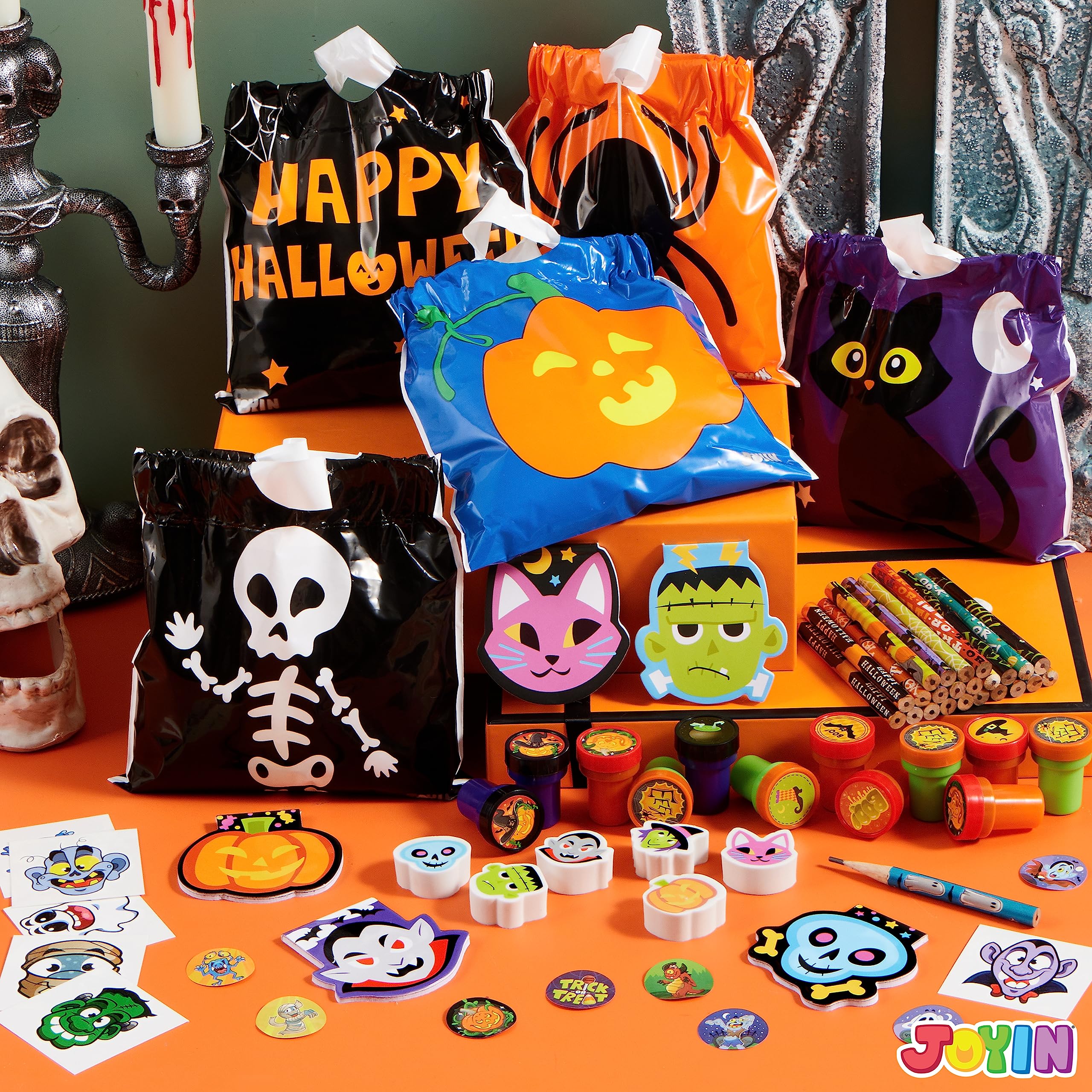 JOYIN 168 Pcs 24 Pack Assorted Halloween Art and Craft Stationery Kids Gift Set Trick or Treat Party Favor Toy Including Halloween Bag, Notepads, Stamps, Pencils, Stickers and Temporary Tattoos