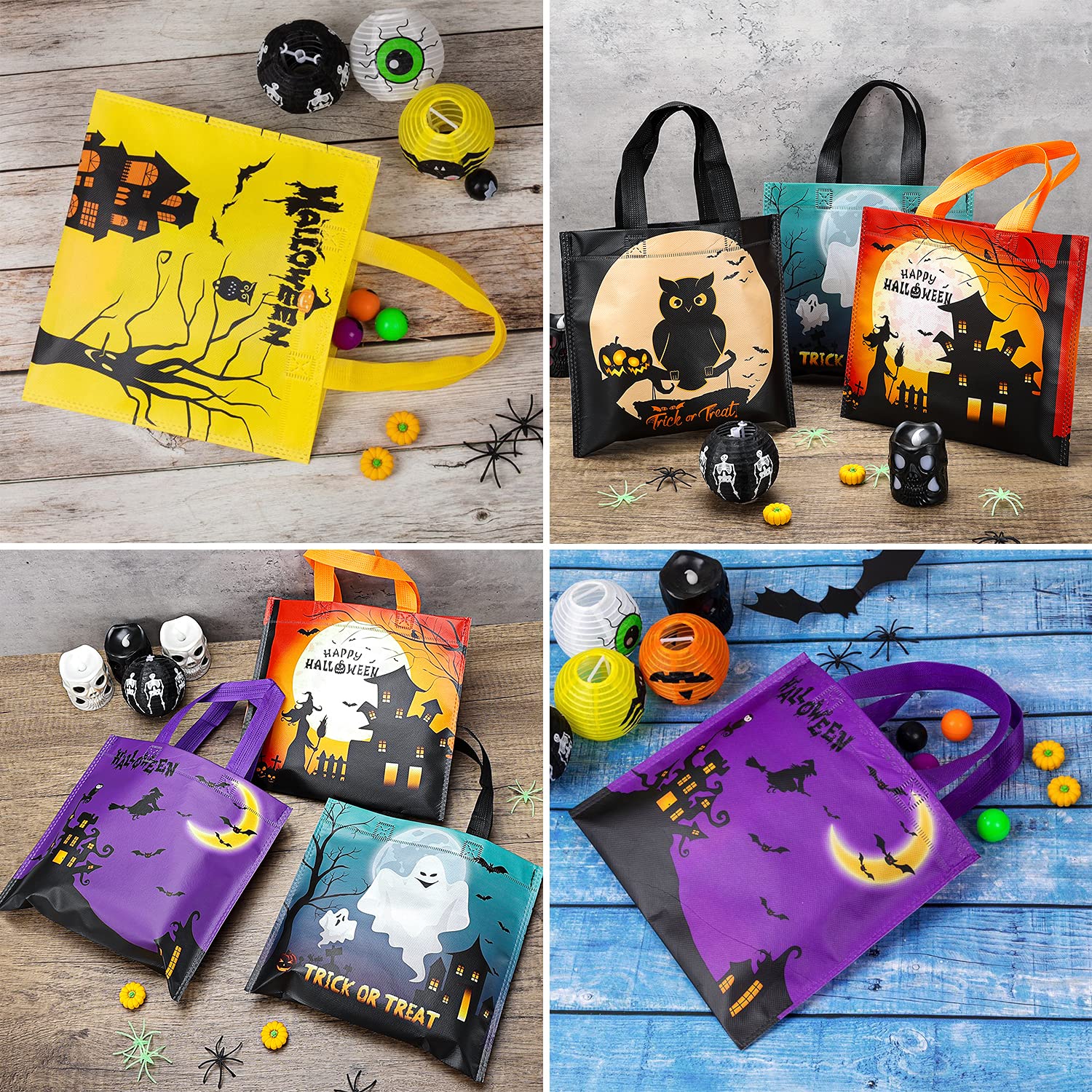 Halloween Treats Bags Party Favors - 30 pack Non-Woven Halloween Tote Gift Bags for Kids Trick or Treat Bags with 54 pcs Tattoos, Reusable Candy Bags Goodie Bag for Halloween Party Supplies(6 Pattern)