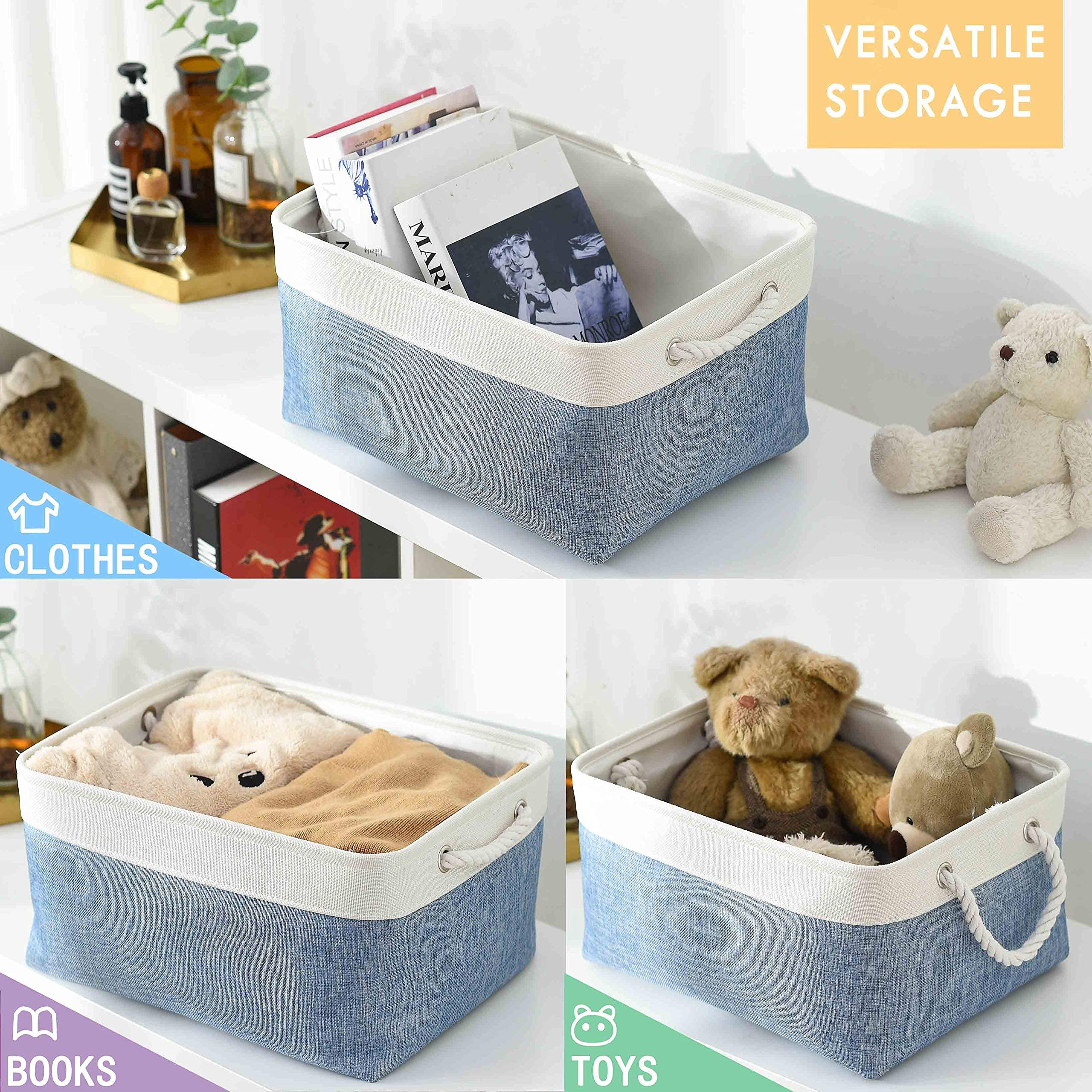 pulnimus Large Foldable Storage Baskets Collapsible Sturdy[3-Pack] Fabric Storage Baskets with Handles for Organizing Shelf Nursery Home Closet & Office 15.7”Lx11.8”Wx8.3”H,White Blue