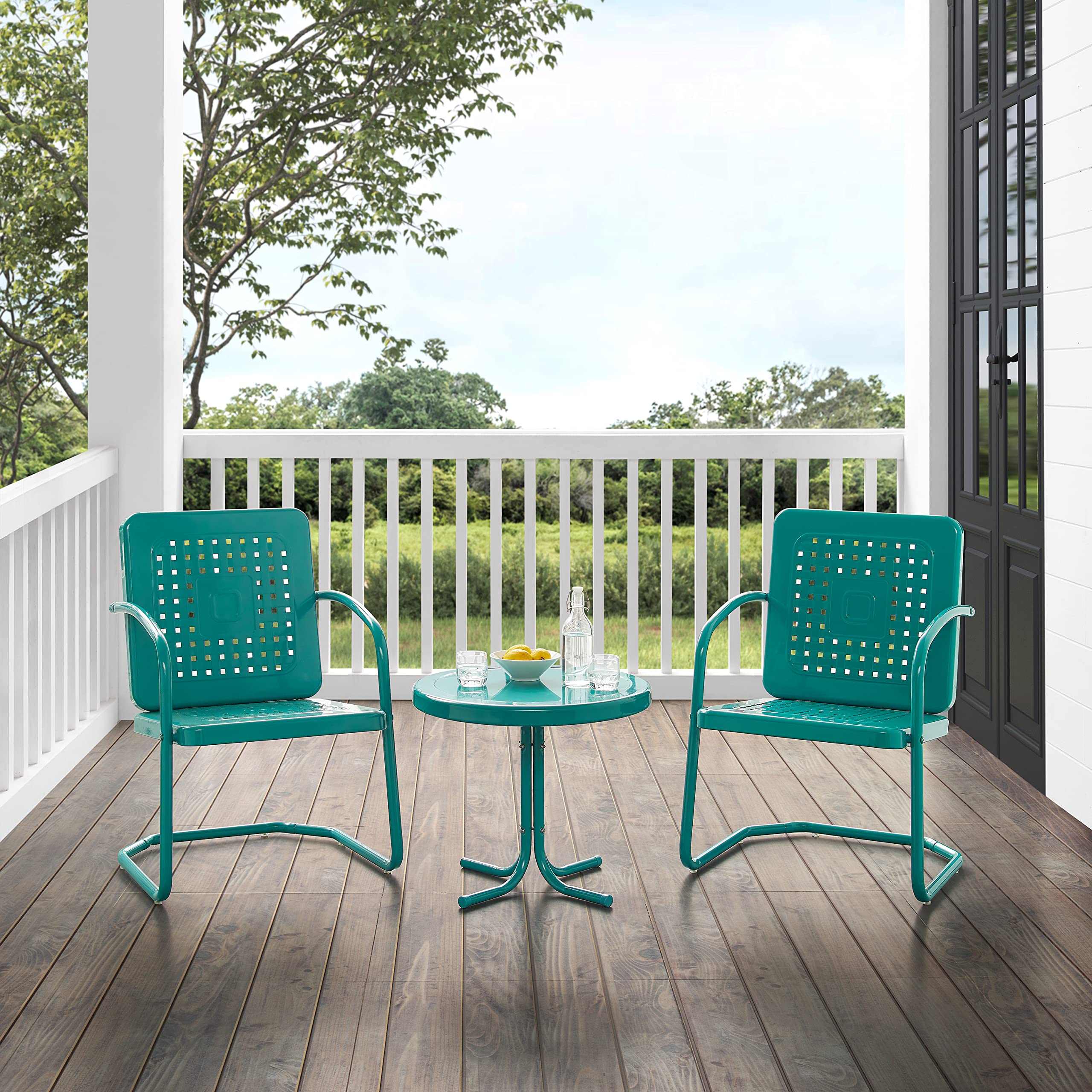 Crosley Furniture Bates 3-Piece Outdoor Chair and Side Table Set, Retro Metal Bistro Patio Conversation Sets, Turquoise Gloss