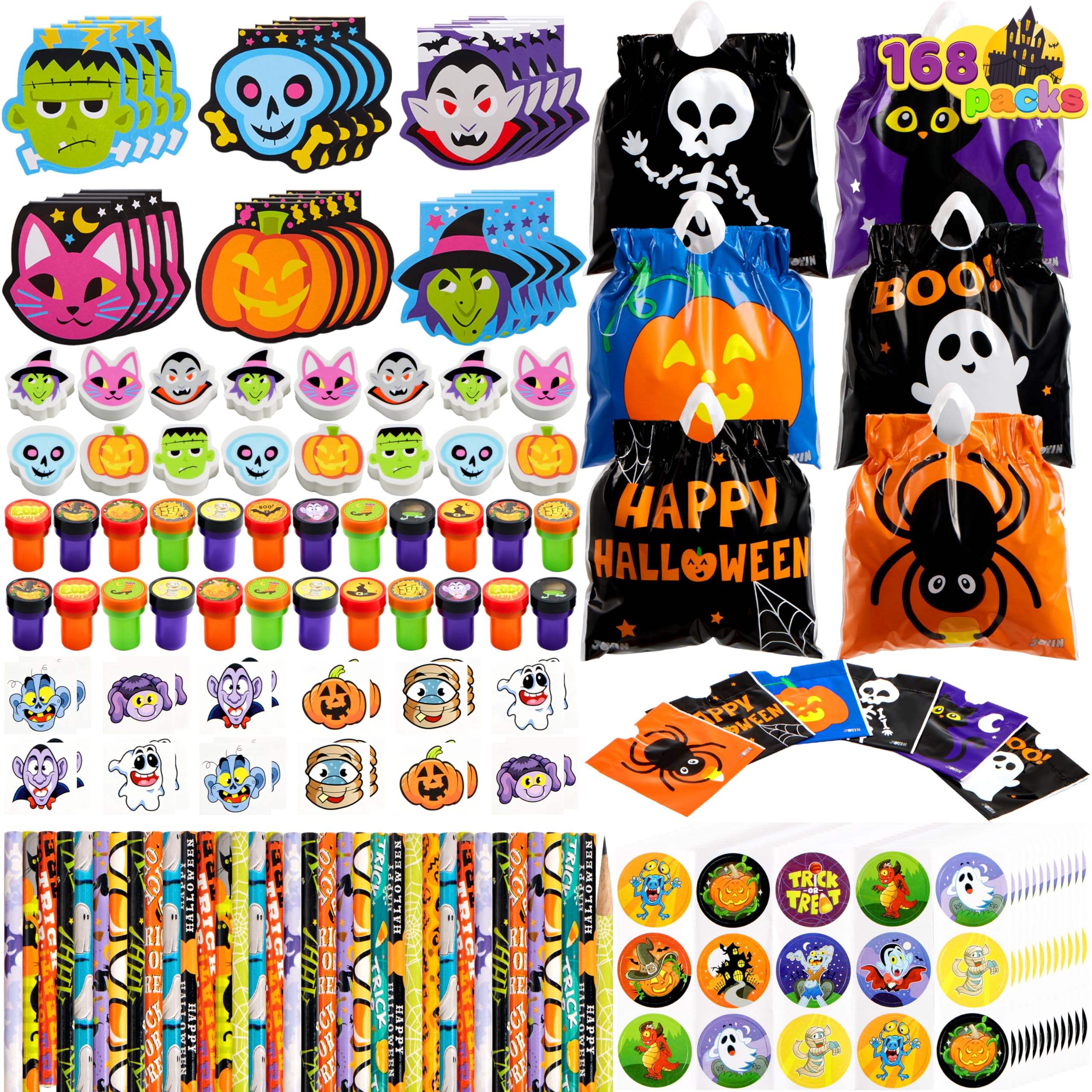 JOYIN 168 Pcs 24 Pack Assorted Halloween Art and Craft Stationery Kids Gift Set Trick or Treat Party Favor Toy Including Halloween Bag, Notepads, Stamps, Pencils, Stickers and Temporary Tattoos