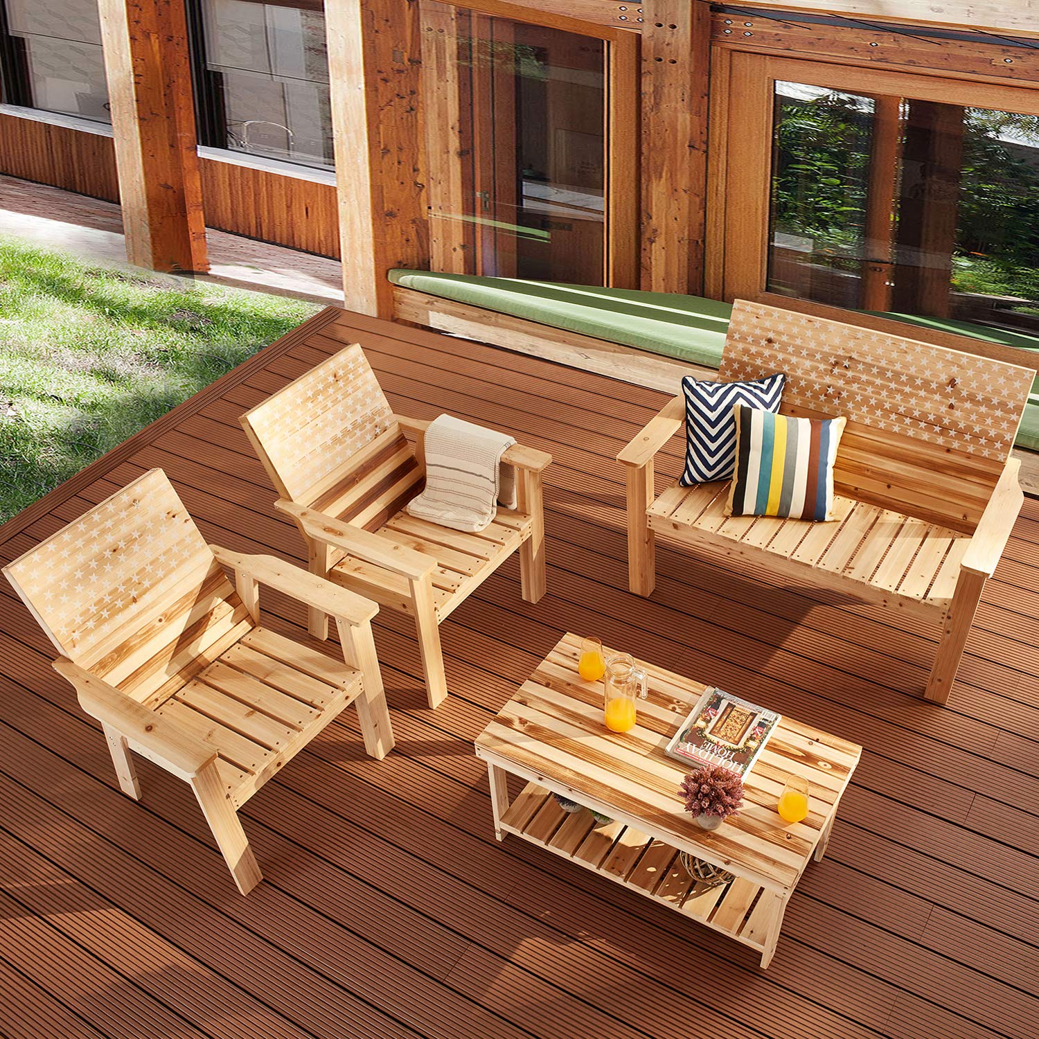 PatioFestival Patio Conversation Sets 4Pcs Wooden Grain Outdoor Furniture Sets with Star Pattern Back Wide Armrest, Chairs & Coffee Table