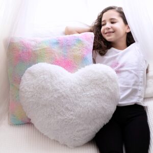 perfectto set of 2 decorative throw pillows for girls. white fluffy heart and soft rainbow pillow. plush pillows for kid’s bedroom décor toddlers princess room, fun pillows for teepee tent