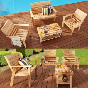 PatioFestival Patio Conversation Sets 4Pcs Wooden Grain Outdoor Furniture Sets with Star Pattern Back Wide Armrest, Chairs & Coffee Table